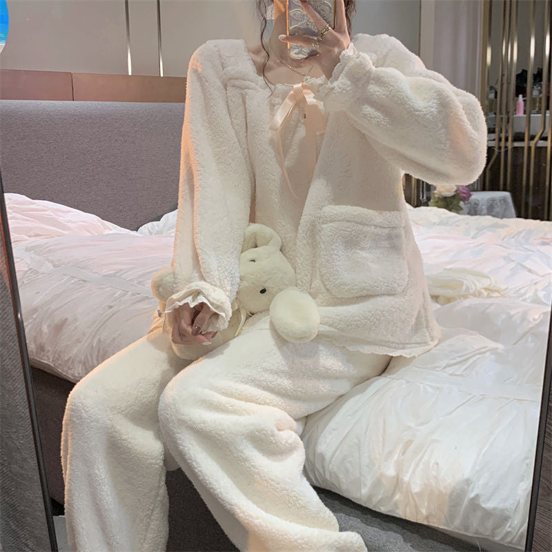INSTOCK-Women’s Lace Flannel Pajamas Set – Sweet Winter Nightwear ...